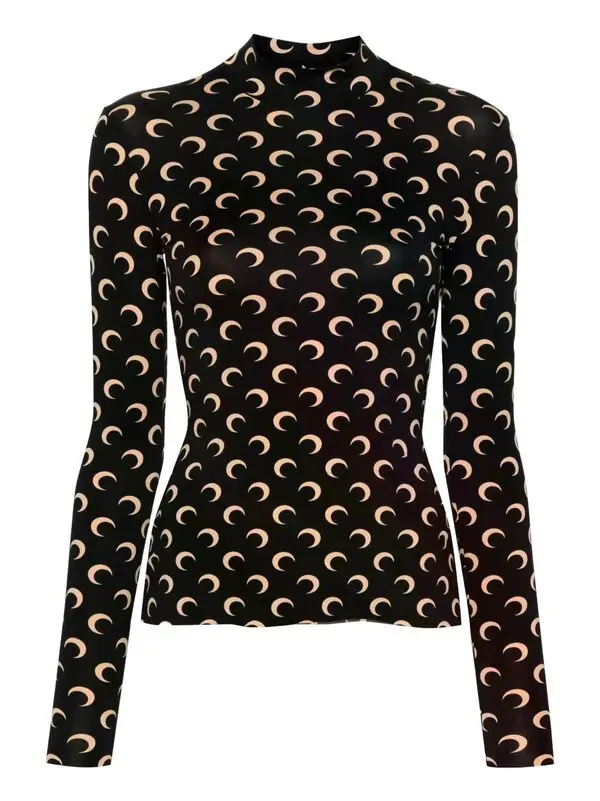 MARINE SERRE Crescent Moon Print Mock Neck Long Sleeve Top - Black