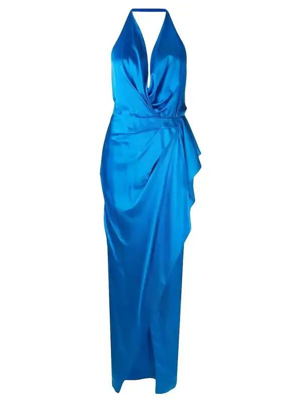 Michelle Mason Satin Halterneck Gown - Blue