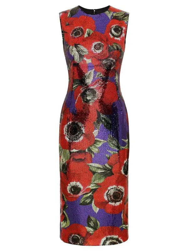 Dolce & Gabbana Anemone-print Sequinned Dress - Red
