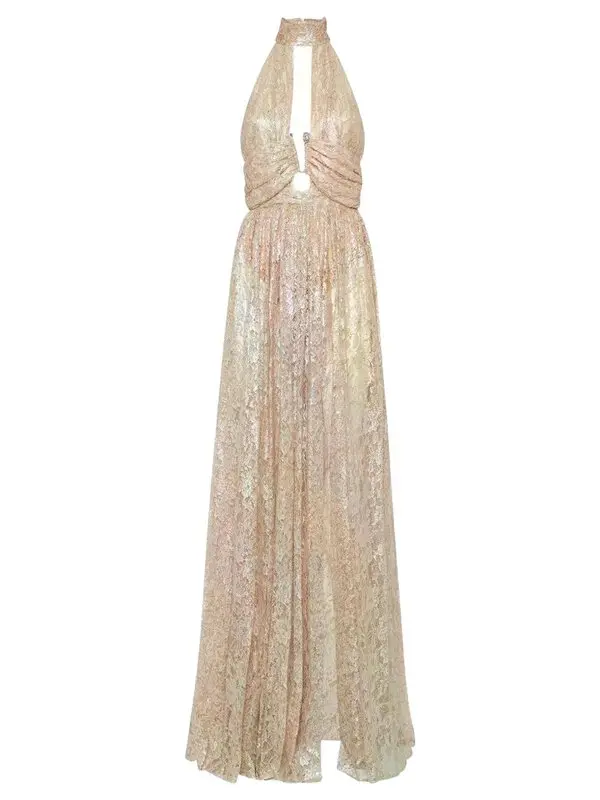 Philipp Plein Lace Piercing Halterneck Maxi Dress - Neutrals