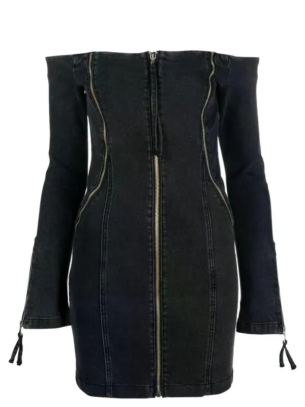 Blumarine Off-shoulder Zip-up Denim Dress - Black