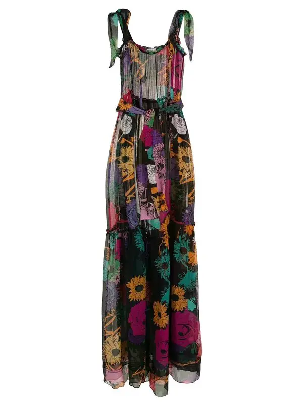 AMIR SLAMA Semi-sheer Floral Print Silk Maxi Dress - Black