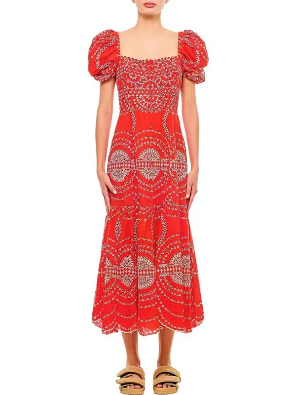 Charo Ruiz Ibiza Puff-sleeve Embroidered Midi Dress - Red