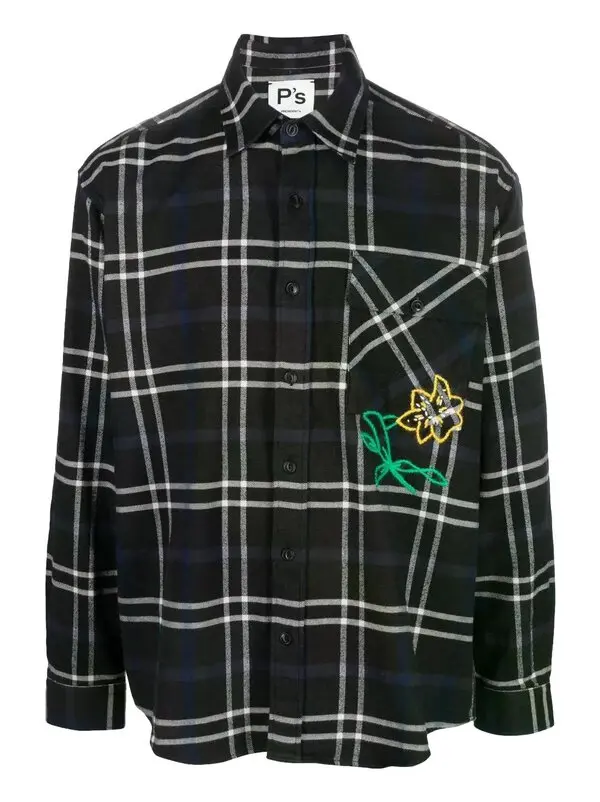 PRESIDENT’S Embroidered-floral Check Shirt - Grey