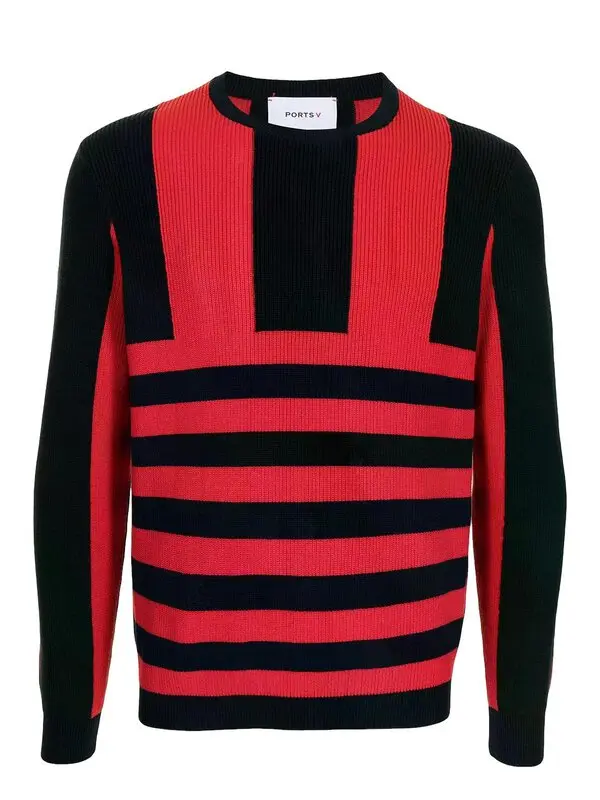 PORTS V Striped Knitted Jumper - Red
