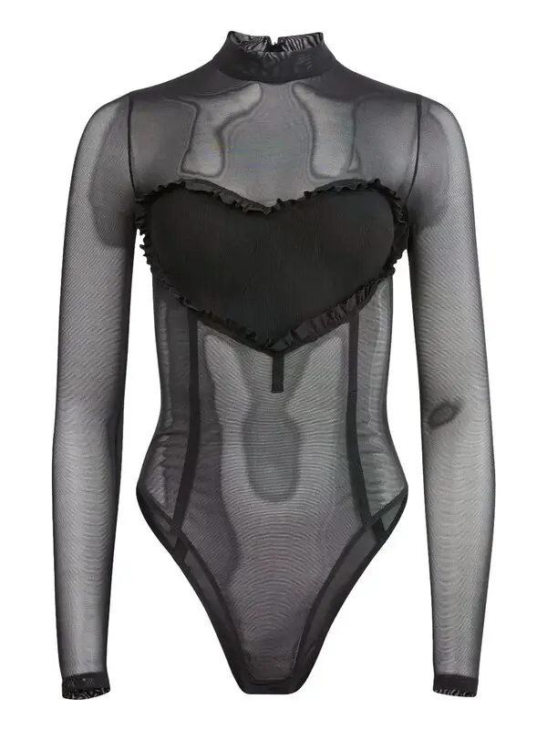 FLEUR DU MAL Mesh Ruffle Heart Bodysuit - Black