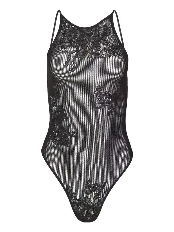 FLEUR DU MAL Pointelle-knit Lace Racer Bodysuit - Black