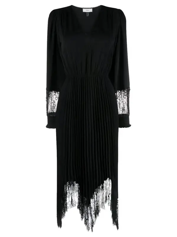 NISSA Lace-trim Pleated Midi Dress - Black