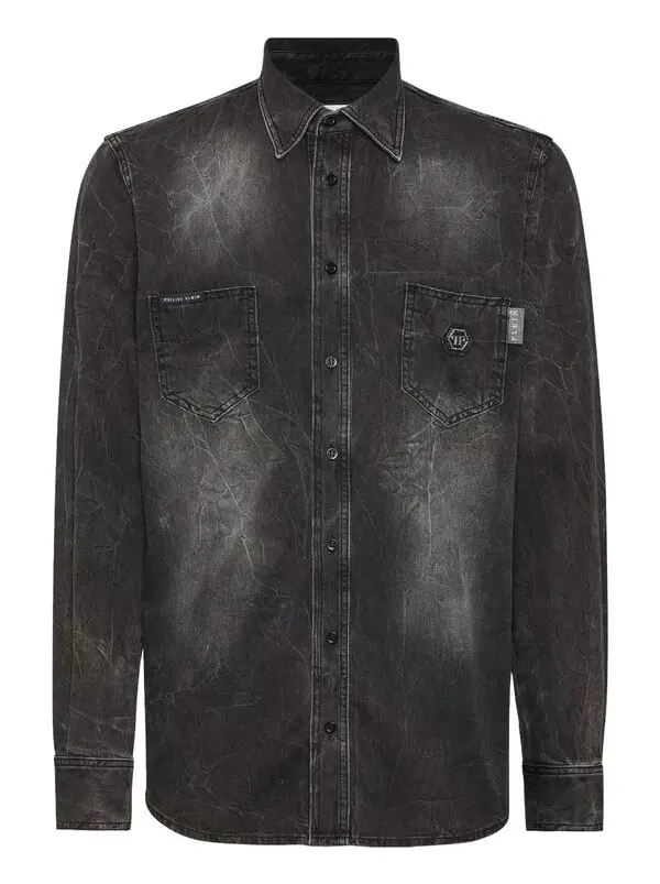 Philipp Plein Skull & Bones Denim Shirt - Grey