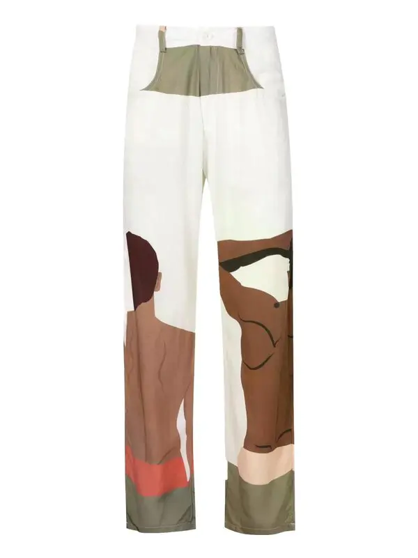 AMIR SLAMA Graphic-print Linen-blend Trousers - Neutrals