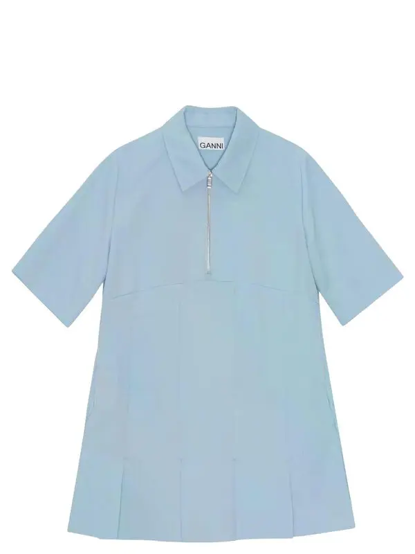 GANNI Pleated Twill Mini Dress - Blue