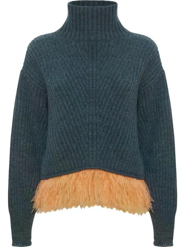 La DoubleJ High-neck Feather-trim Jumper - Green