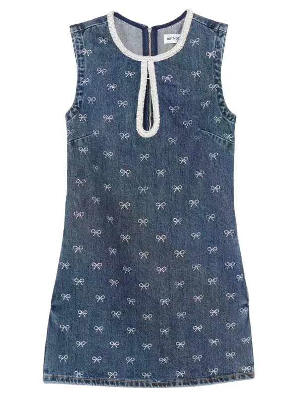 SELF-PORTRAIT Crystal-bow Denim Mini Dress - Blue