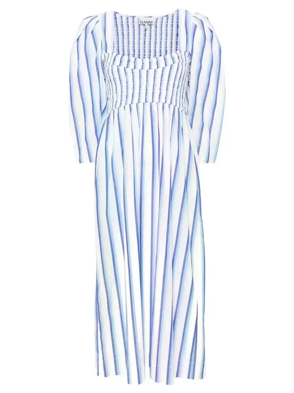 GANNI Striped Poplin Midi Dress - Blue