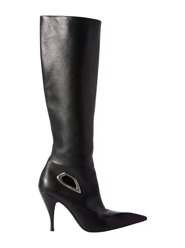 Off-White Crescent Knee-high Leather Stiletto Boots - Black