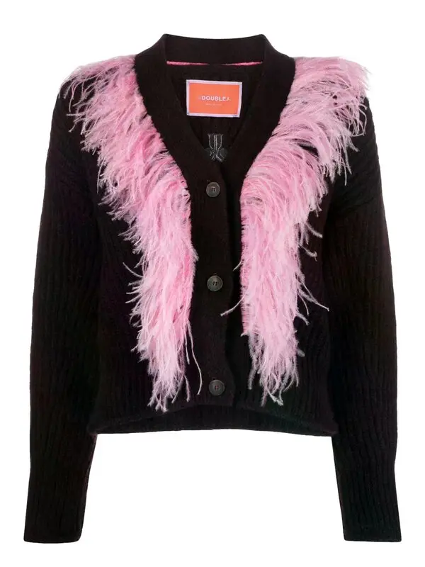 La DoubleJ High Kick Feather-trimmed Cardigan - Red