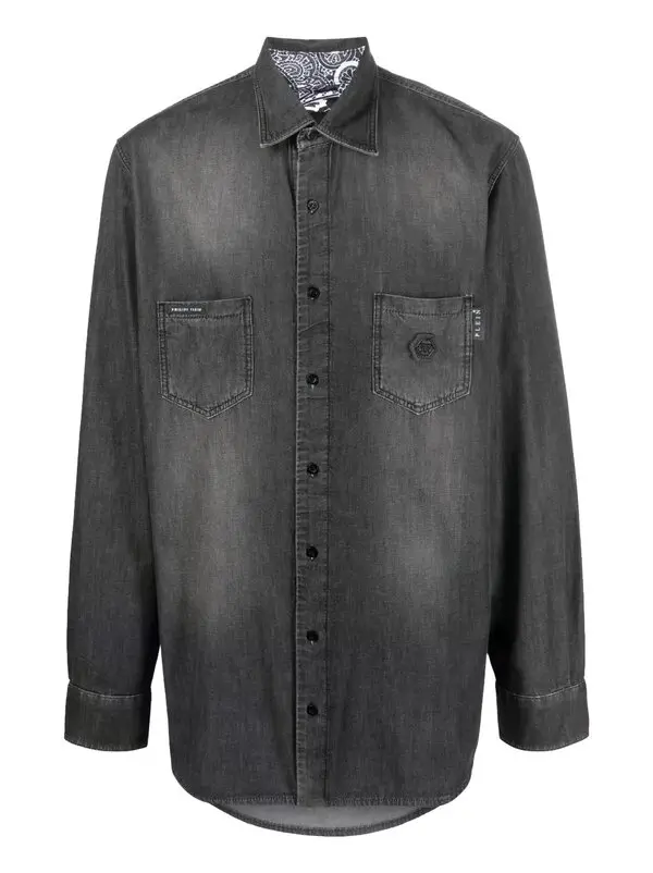 Philipp Plein Rhinestone Skull-print Denim Shirt - Grey