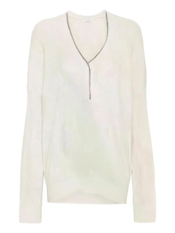 Brunello Cucinelli Ribbed Jumper With Monili Chain Detail - Neutrals