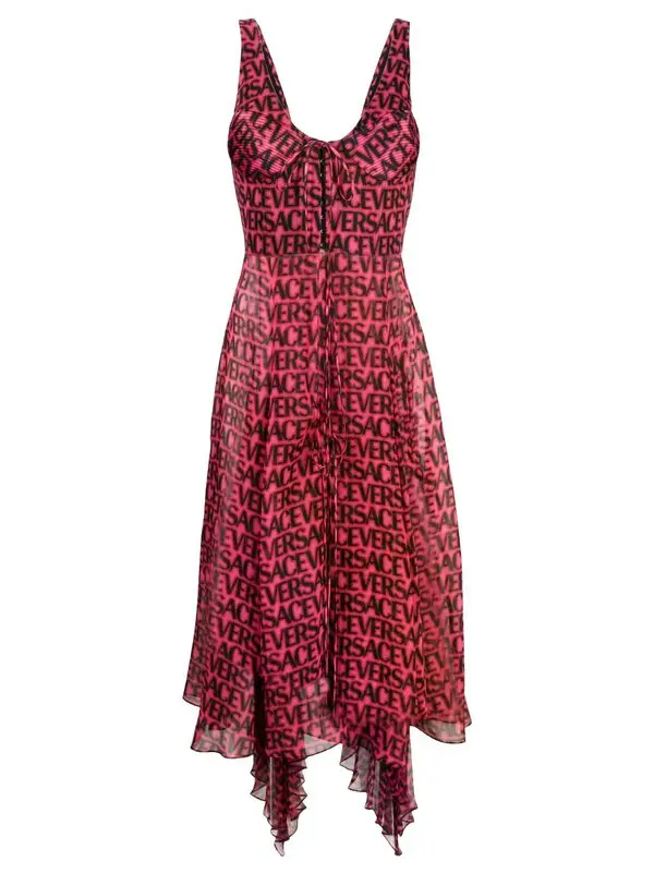 Versace Logo-print Asymmetric-hem Silk Dress - Pink