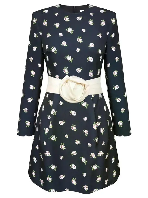 POST MERIDIEM Rose-print Belted Mini Dress - Blue
