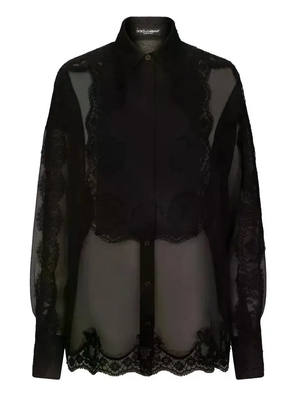 Dolce & Gabbana Lace-trim Organza Tuxedo Shirt - Black