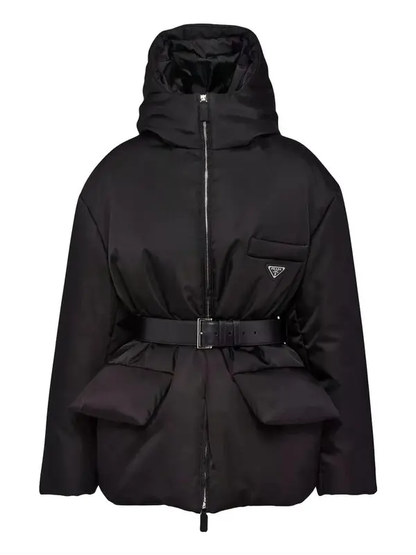 Prada Re-nylon Hooded Down Jacket With Belt - Black