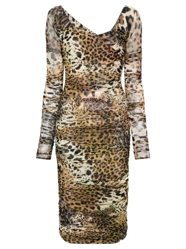 Roberto Cavalli Leopard-print Mesh Midi Dress - Neutrals