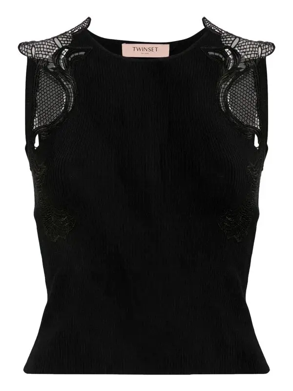 TWINSET Lace-detail Ribbed-knit Top - Black