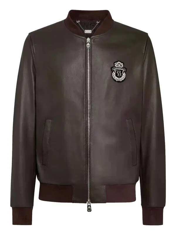 BILLIONAIRE Logo-patch Leather Bomber Jacket - Brown