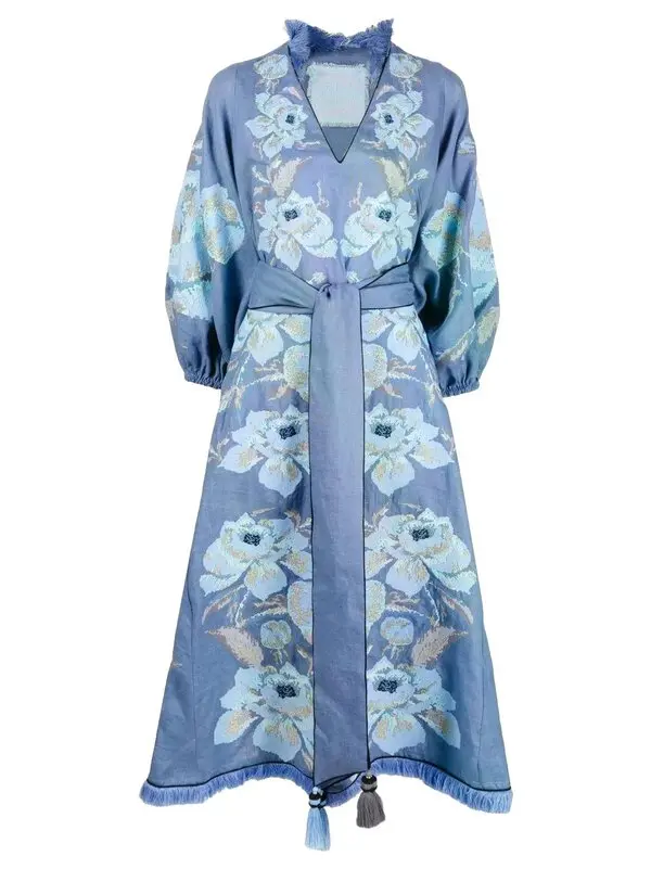 Yuliya Magdych Floral-jacquard Linen Midi Dress - Blue