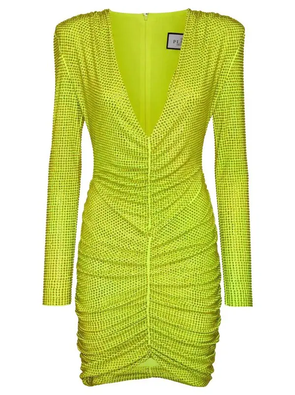Philipp Plein Rhinestone-embellished Ruched Mini Dress - Yellow