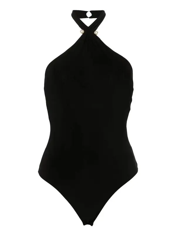 NISSA Faux-pearl Halterneck Bodysuit - Black