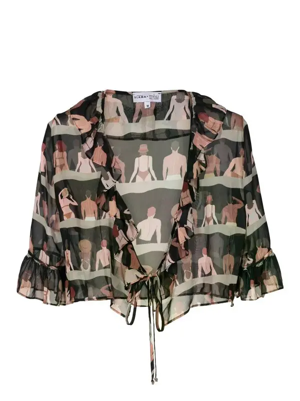 AMIR SLAMA Graphic-print Cropped Silk Blouse - Black