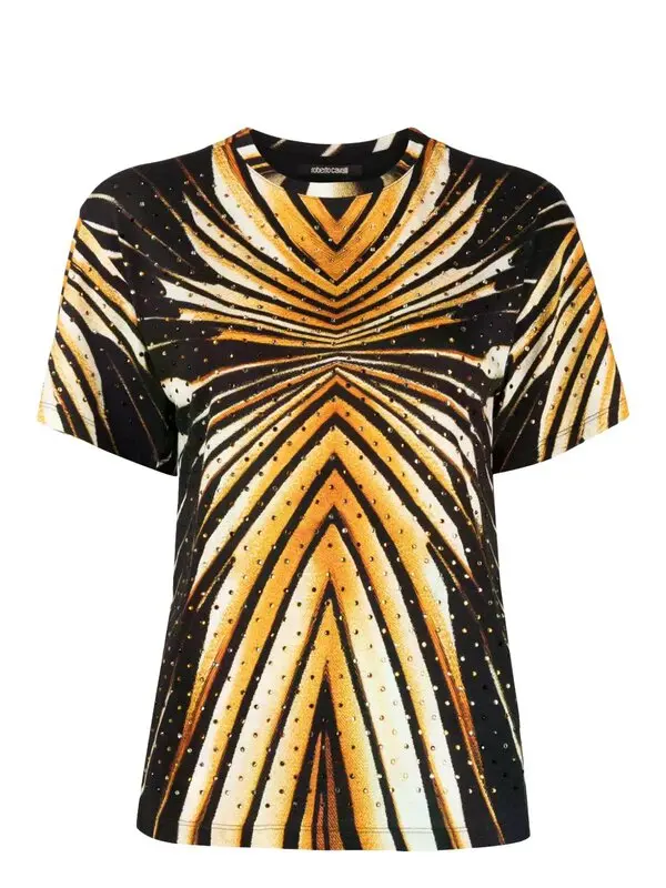 Roberto Cavalli Geometric-print Crystal-embellished T-shirt - Brown