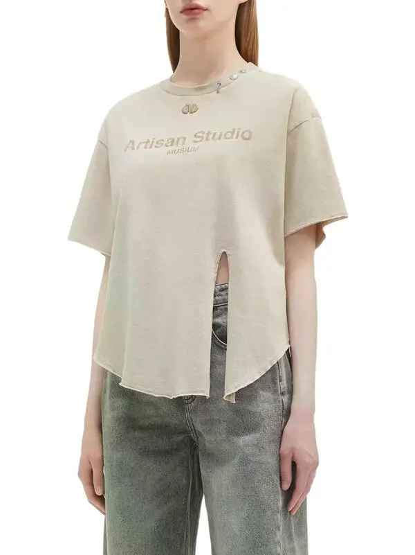 MUSIUM DIV. Cotton T-shirt With Front Slit - Neutrals