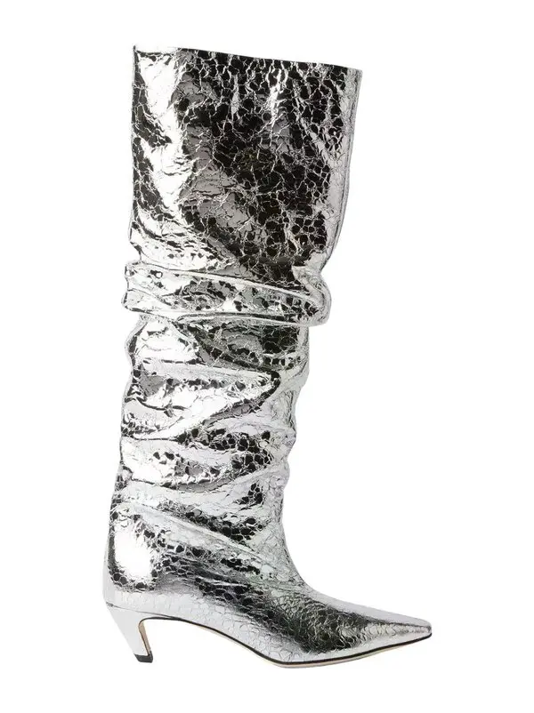MSGM Ruched Foiled Leather Kitten Heel Boots - Silver