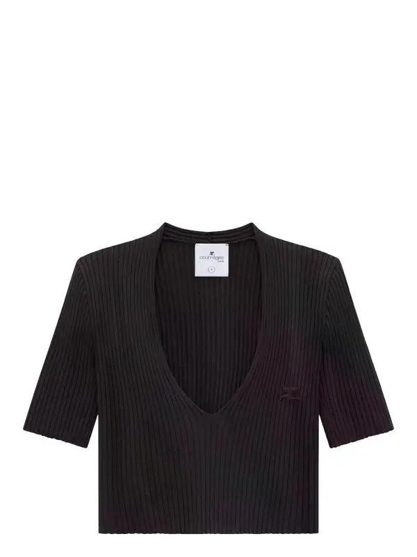 COURREGES Ribbed Knit V-neck Top - Brown
