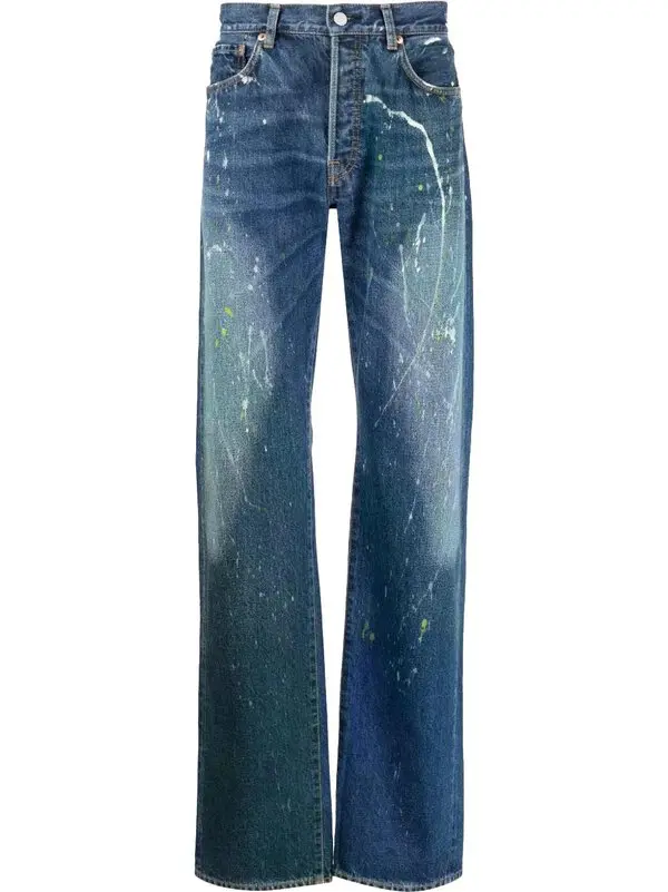 Yohji Yamamoto Paint-splatter Straight-leg Jeans - Blue