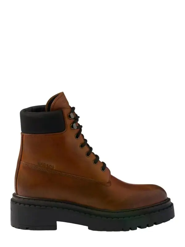 Prada Leather Combat Booties - Brown