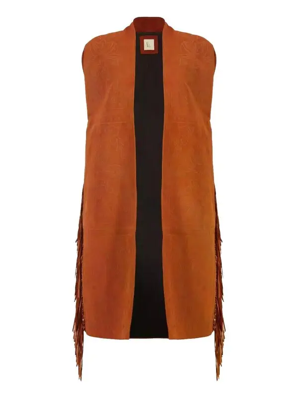 PAULA Embroidered Suede Gilet With Fringe Detailing - Brown