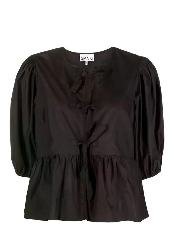 GANNI Puff-sleeved Peplum Blouse With Tie Detail - Black
