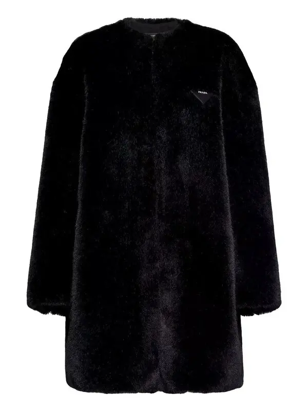 Prada Faux-fur Coat With Logo Detail - Black