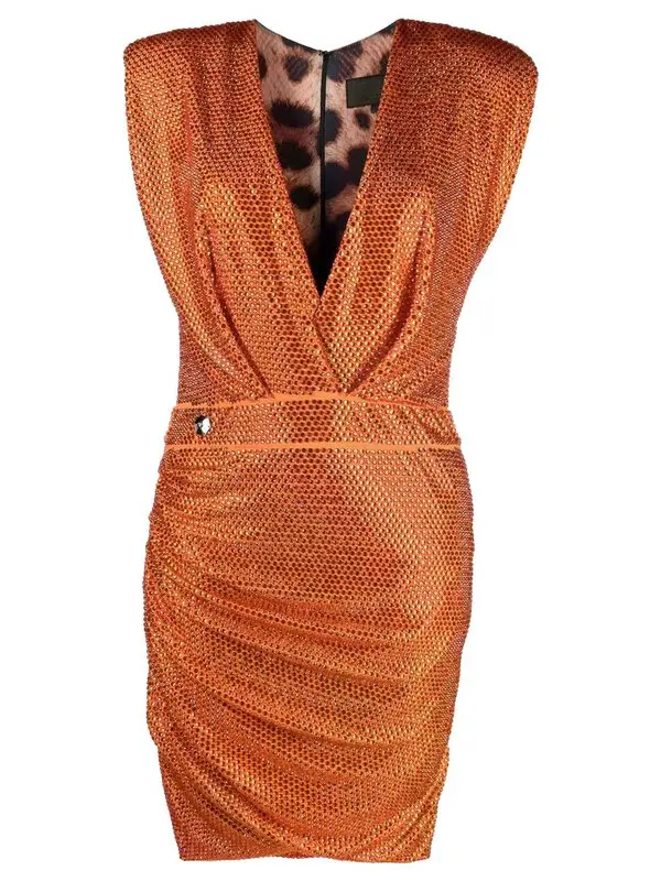 Philipp Plein Rhinestone Fitted Dress - Orange