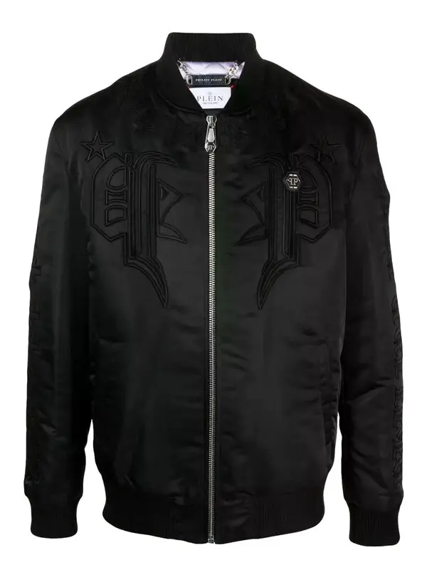 Philipp Plein Logo-embroidered Satin Bomber Jacket - Black