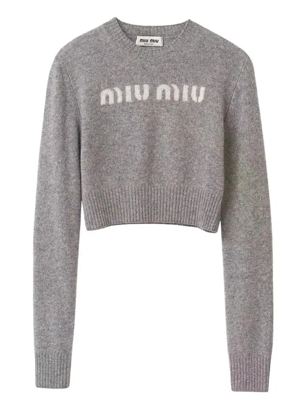 Miu Miu Wool And Cashmere Cropped Sweater With Intarsia Logo - Grey