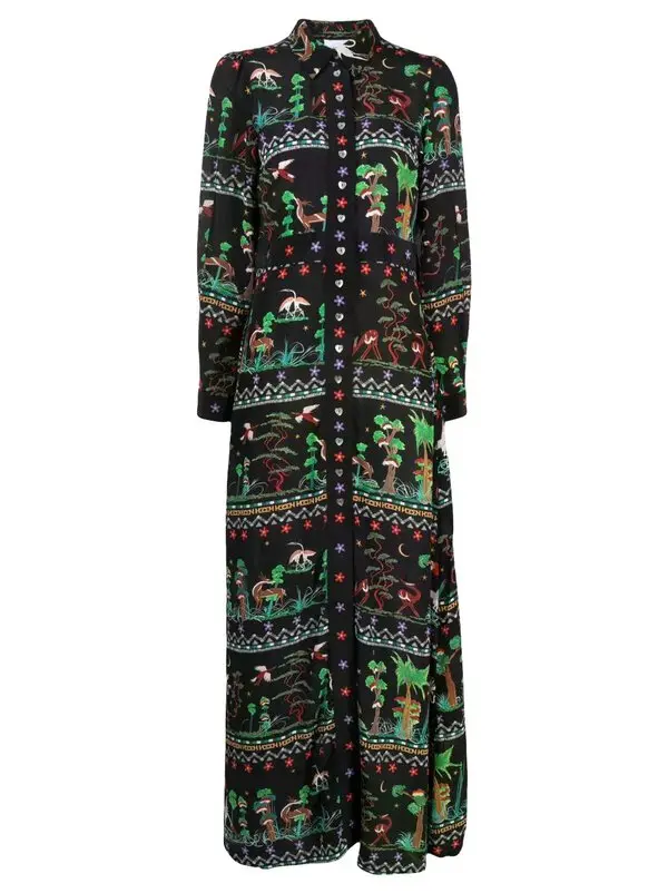 HAYLEY MENZIES Printed Maxi Silk Shirt Dress - Black