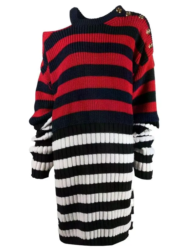 Balmain Ribbed Knit Striped Mini Dress - Red