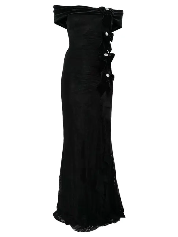 NISSA Bow Detail Lace Off-shoulder Maxi Dress - Black
