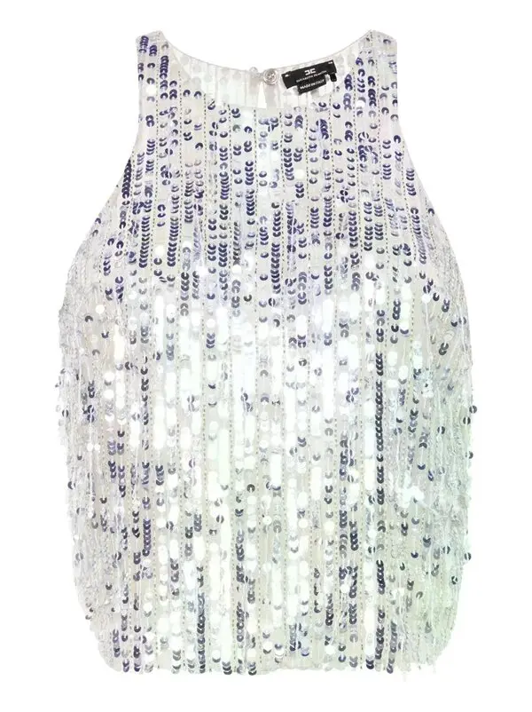 Elisabetta Franchi Sequin Embellished Tulle Top - Silver