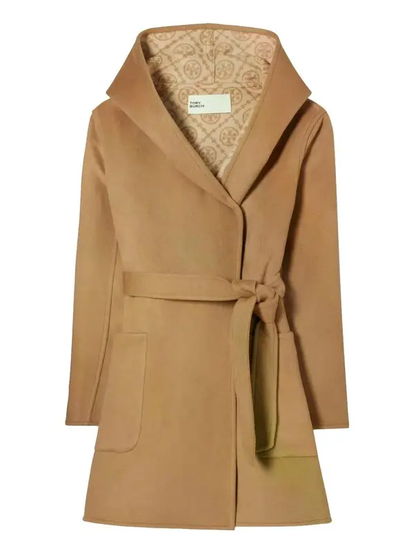 Tory Burch Monogram-jacquard Belted-waist Coat - Brown